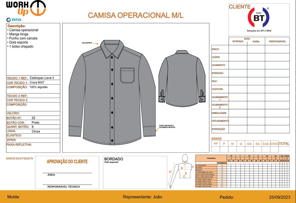 CAMISA PROFISSIONAL MUNDI WORK 100% ALGODAO CINZA M | BT Equipamentos