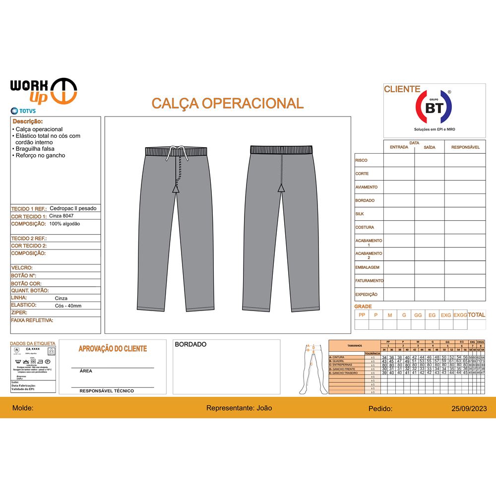CALCA PROFISSIONAL MUNDI WORK 100% ALGODAO CINZA | BT Equipamentos